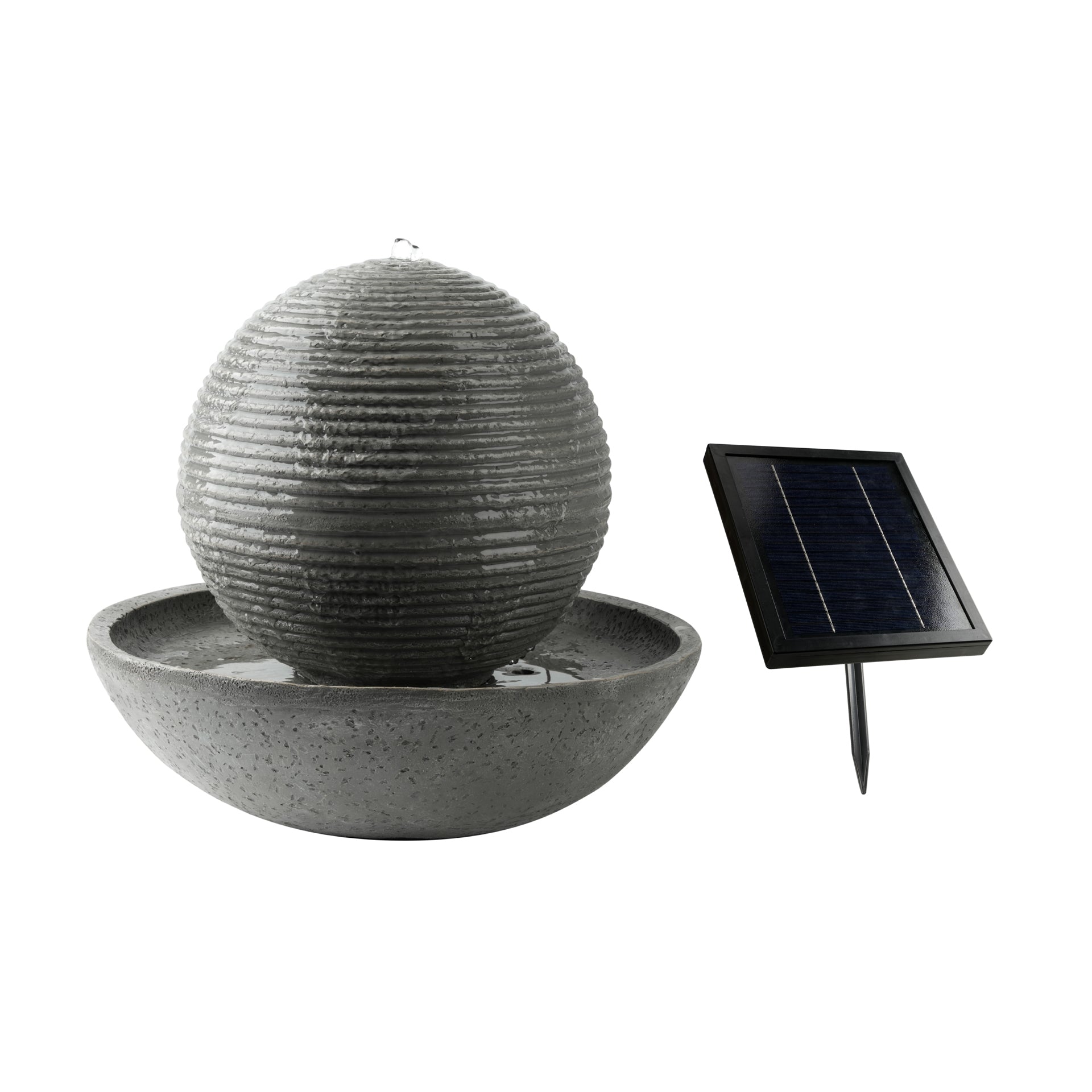 Solar Powered Ribbed Sphere Water Feature with LED Light & Battery Bac